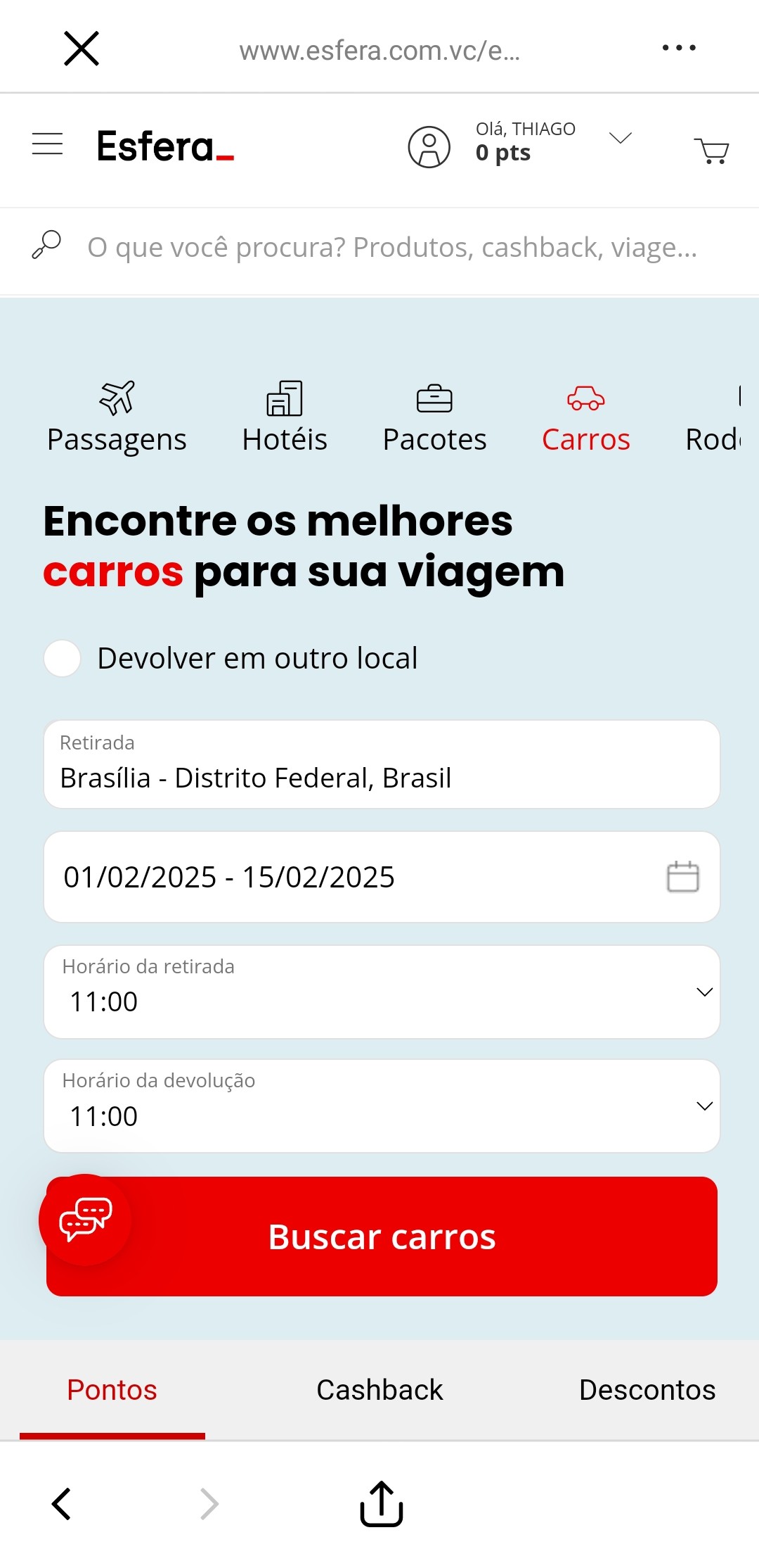 Alugar carro com a Esfera: use seus pontos para se locomover