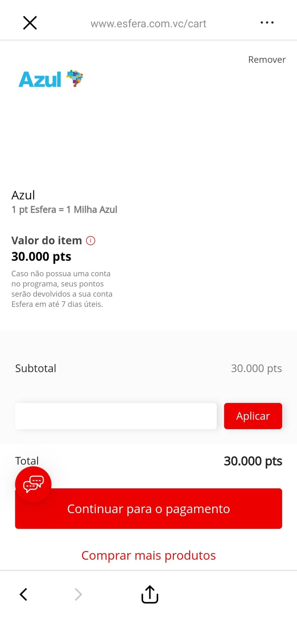 Passo a passo de como transferir pontos Esfera para Azul